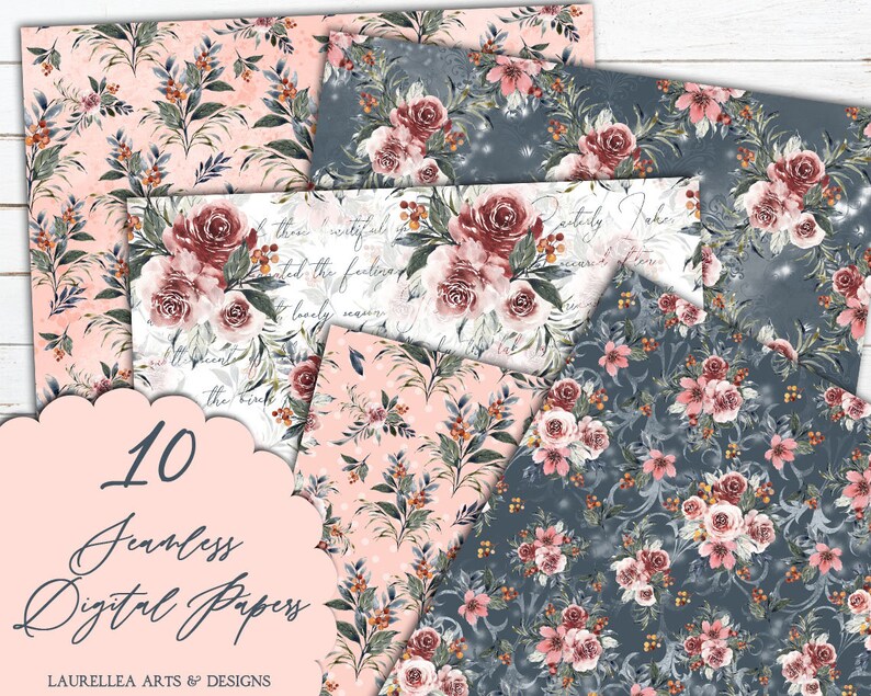 Seamless Digital Paper Pack, Dusty Blue & Pink, Vintage Spring Floral ...