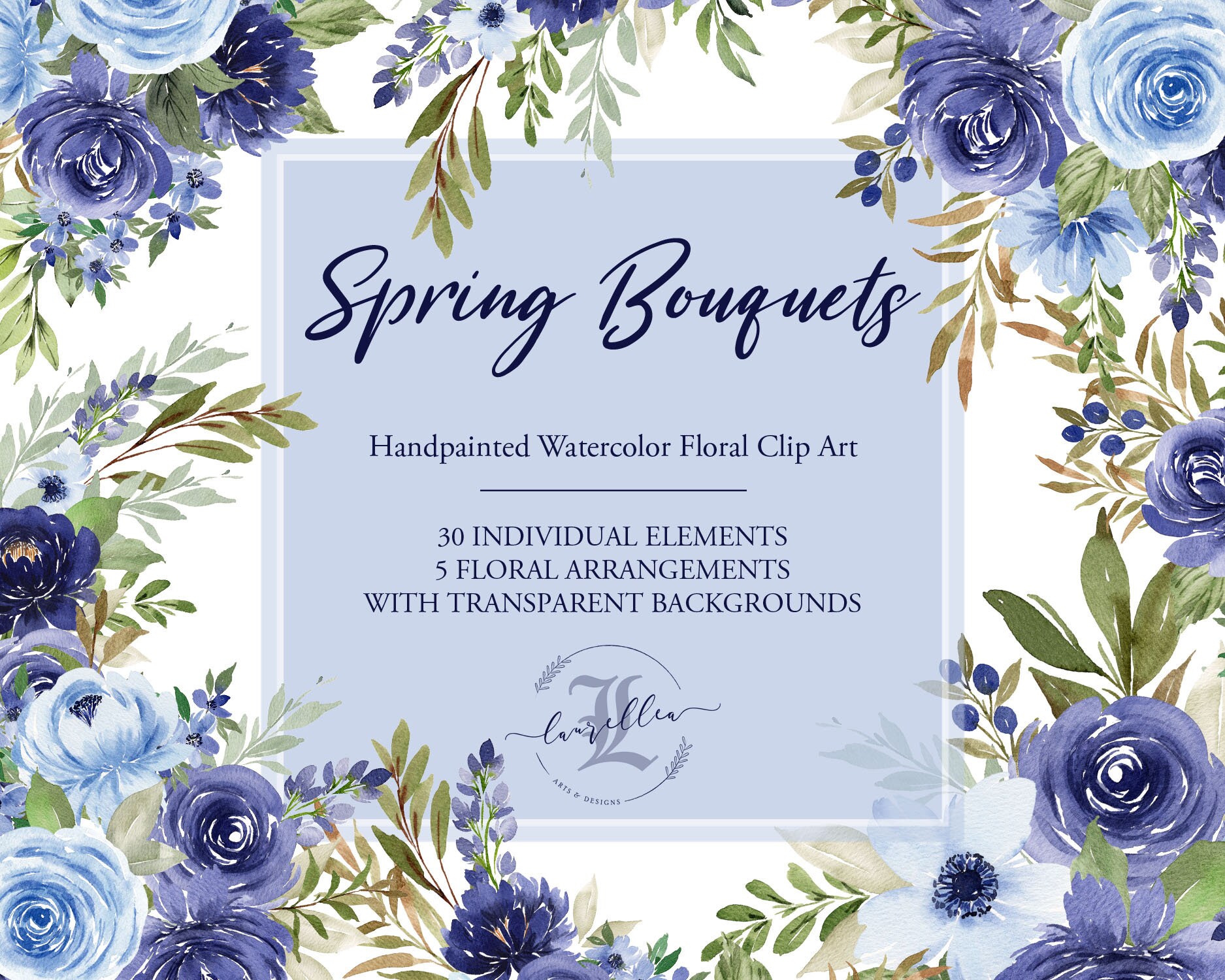Spring Watercolor Floral Elements & Arrangements Clipart, Blue Digital ...