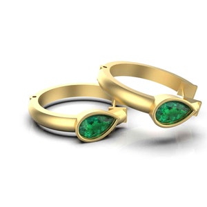 Pear Shape Natural Zambian Emerald Huggies in 14k Solid Gold / - Etsy