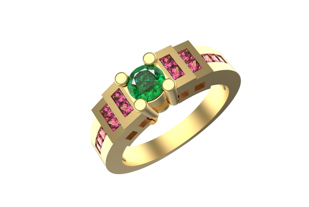 Natural Emerald and Ruby Engagement Ring / 14k Gold Art Deco Women ...