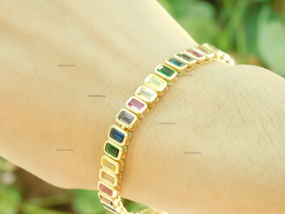 Solid Gold Multi Stone Bracelet: Emerald, Ruby, Sapphire Link Bracelet ...