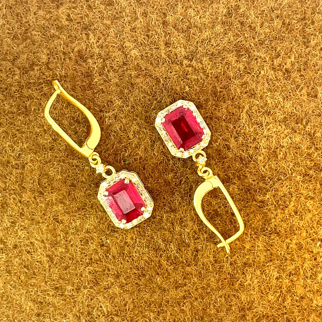 14K Gold Ruby Dangle Earrings: Emerald Cut, Diamond Halo - Etsy