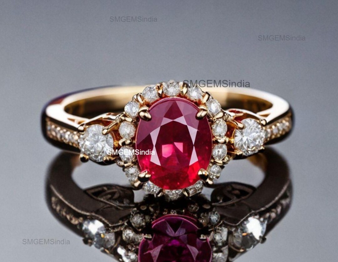 Natural Ruby and Diamond Engagement Ring / Halo Design Oval Shape Ruby ...