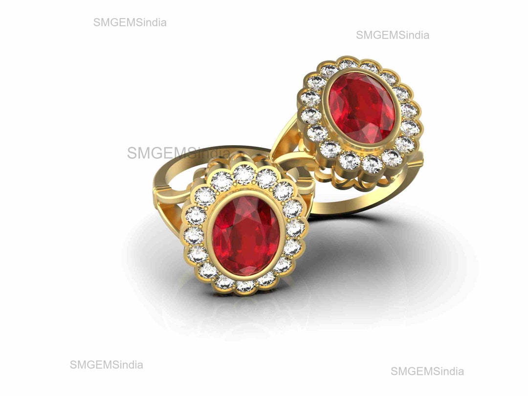 Natural Red Ruby and Diamond Statement and Engagement Ring / 18k Gold ...
