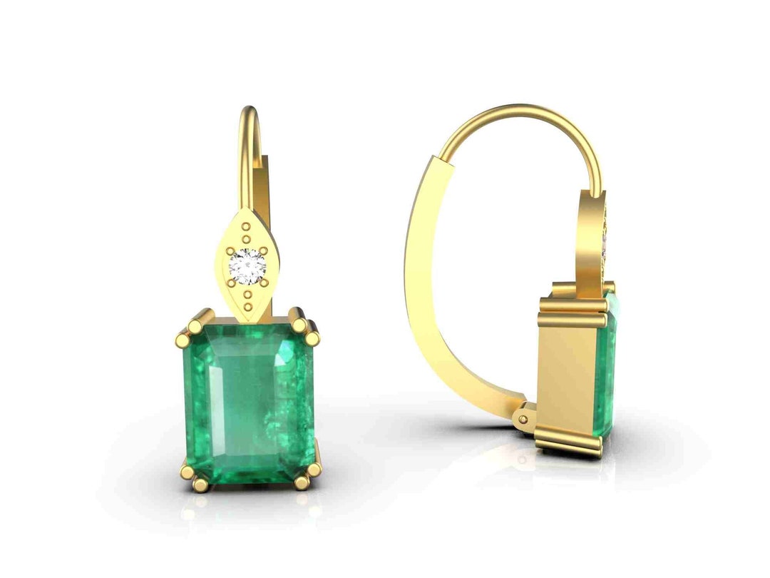 Emerald Cut Natural Emerald Dangle Drop Earrings in 14k Solid Gold ...