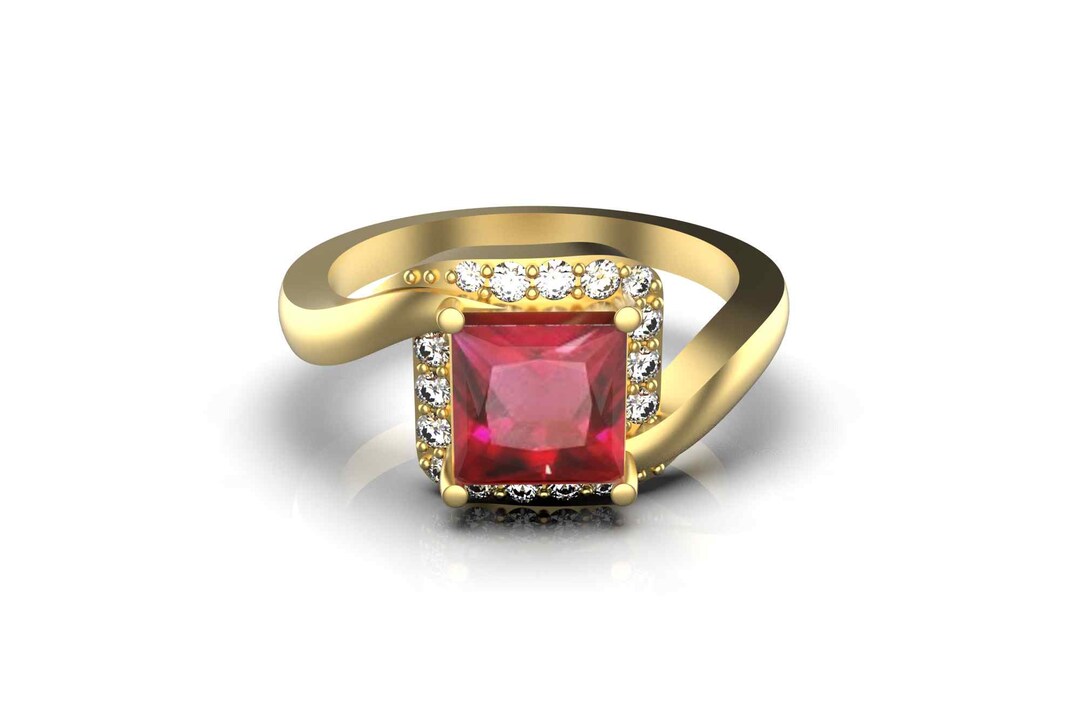 Princess Cut Square Ruby and Diamond Statement Ring in 14k Solid Gold ...