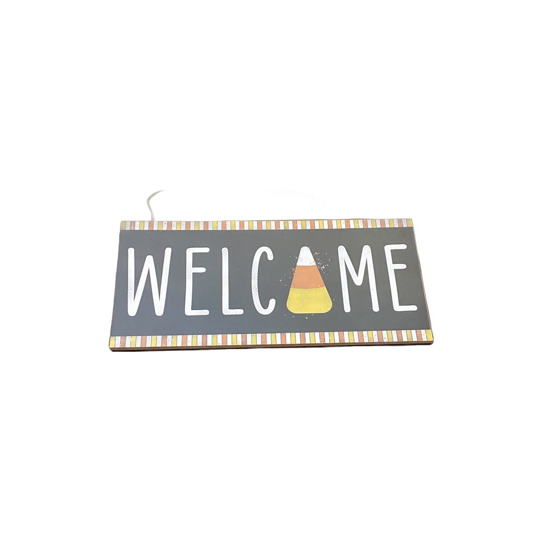12.5”L X 6”H MDF “welcome” Candy Corn Sign - Black / Yellow / Orange ...