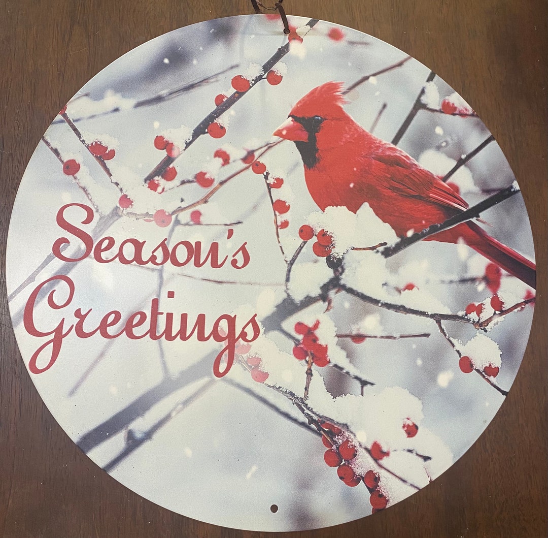 Season’s Greetings Metal Sign, Christmas Sign, Cardinal Sign, Wreath ...