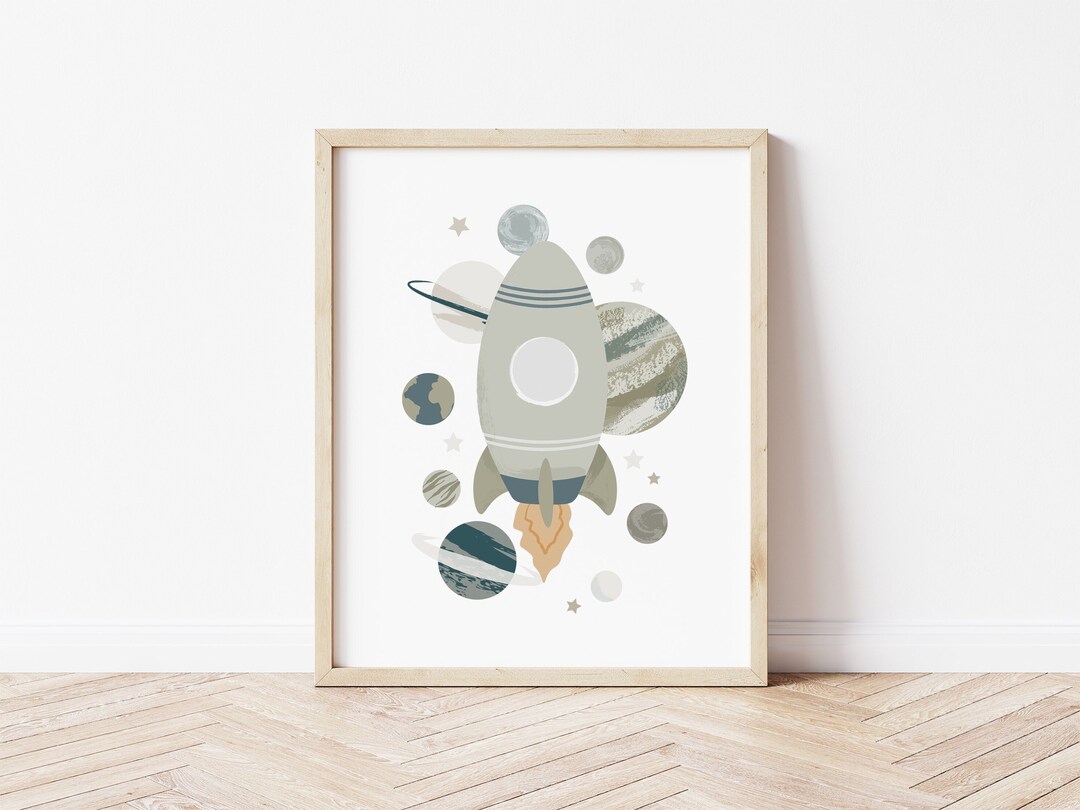 Neutral Rocket Spaceship Art Print, Space Theme Bedroom Decor, Nursery ...