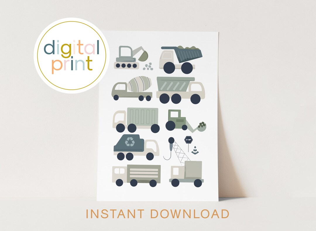 Digital Truck/ Construction Vehicles Prints, Kids Car Wall Art, Car ...