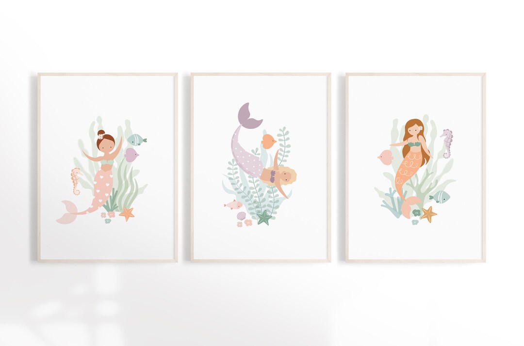 Mermaid Print Set of 3, Mermaid Personalised Bedroom Decor, Ocean ...