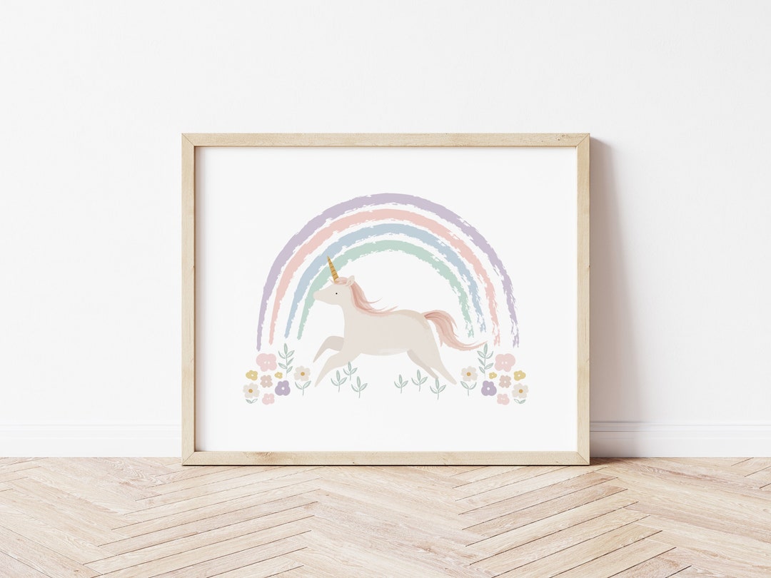 Unicorn Pastel Rainbow Floral Nursery Print, Landscape Rainbow Bedroom ...