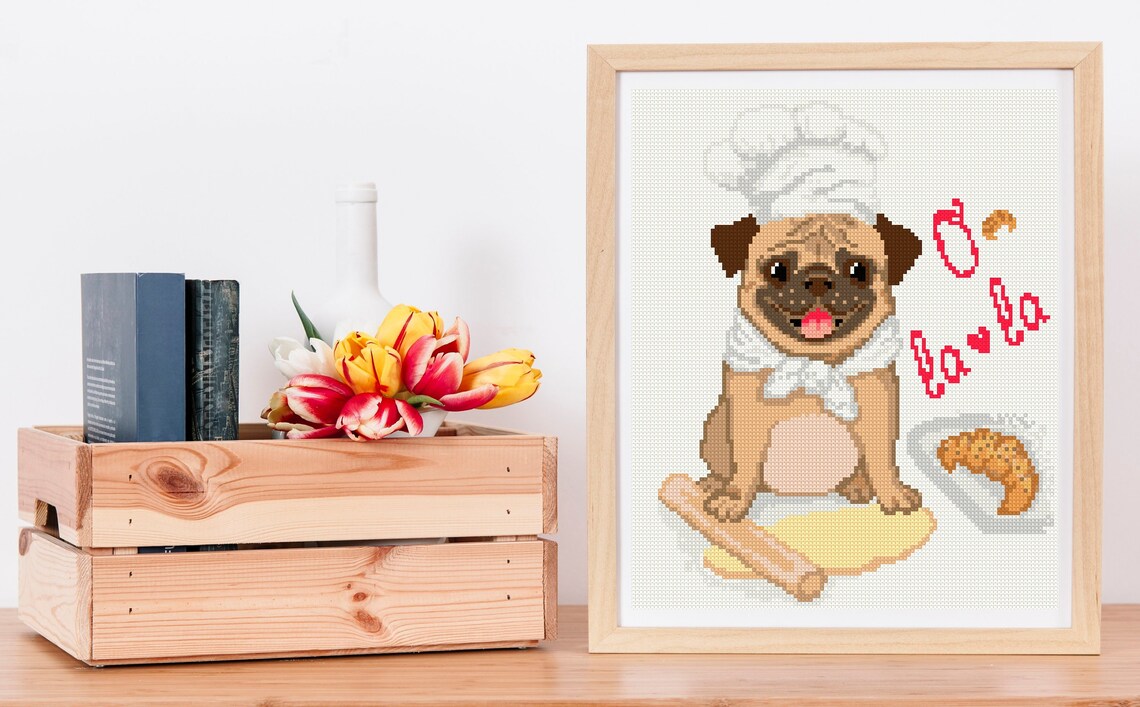 Pug Dog Chefs Hat Cross Stitch Pattern PDF Funny Croissant - Etsy