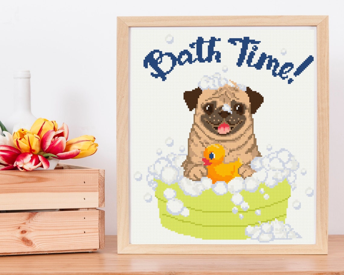 Cute Pug Bath Cross Stitch Pattern Pdf-bathroom Wall Decor-cute Funny ...