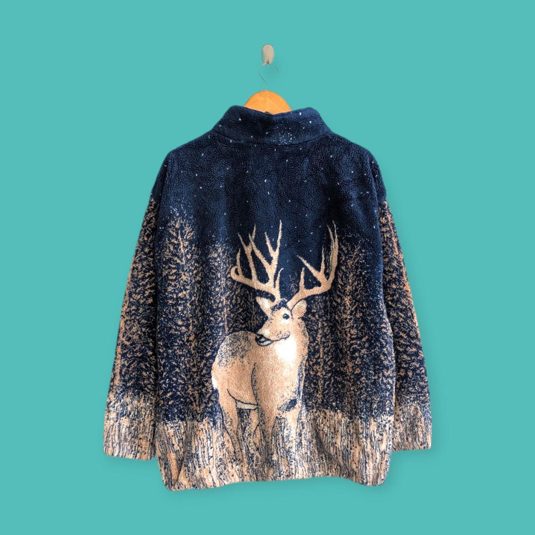 Vintage 90s Whitetail Deer Fleece Jacket Sweatshirt Elk Moose Crewneck ...