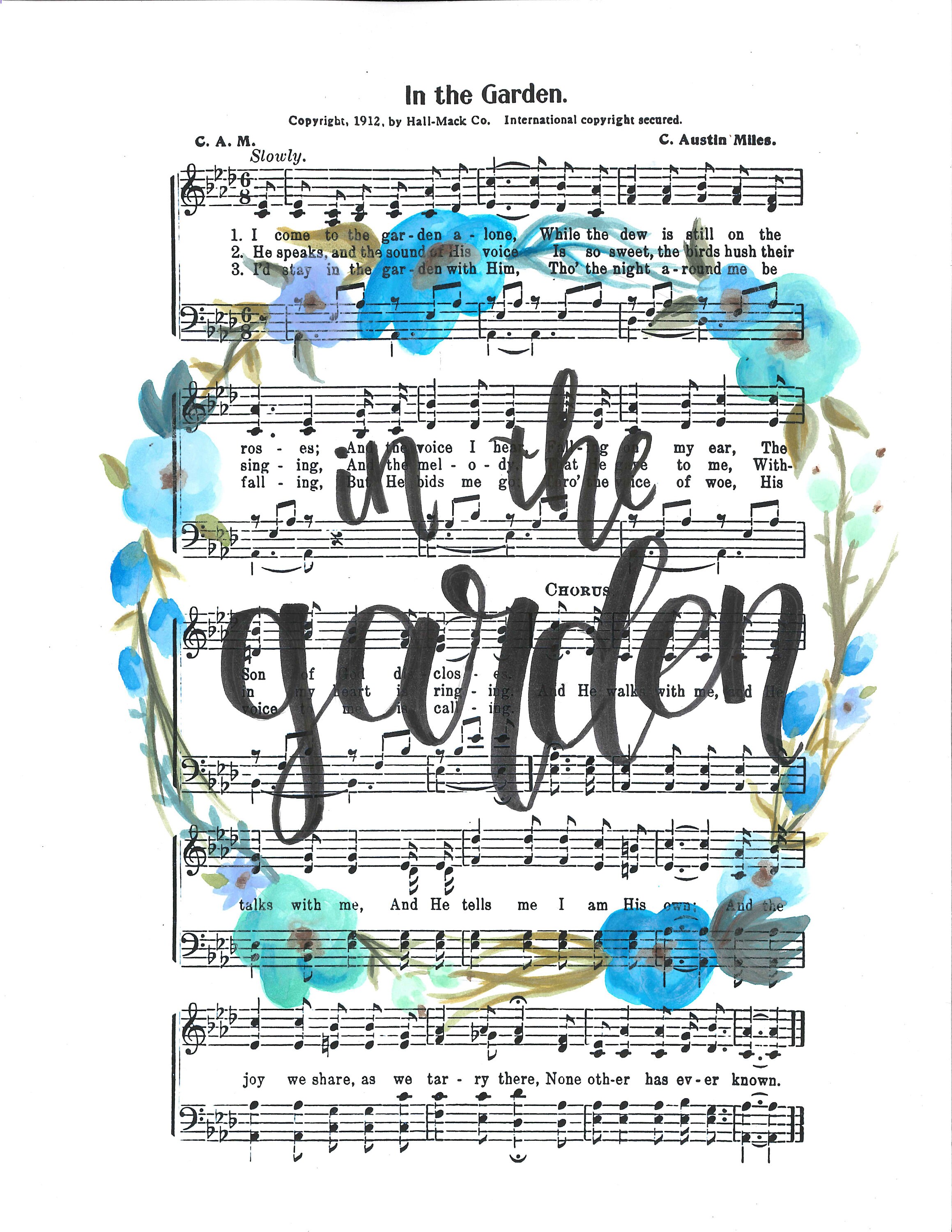 In the Garden Art, Sheet Music, Instant Download, Hymnal Print, Floral ...