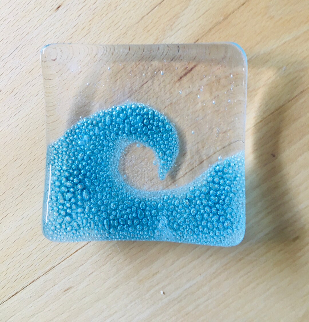 Wave Dish Fused Glass Art, With Tiny Blue Bubbles Encased Between the ...