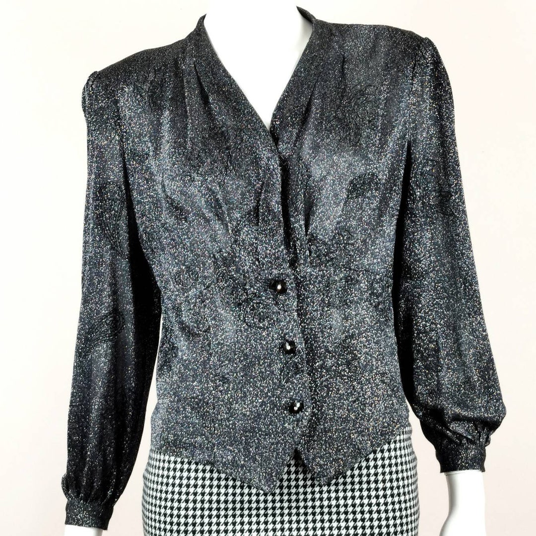 80s Vintage Silver Sparkle Evening Top - Silver Floral Party Blouse ...