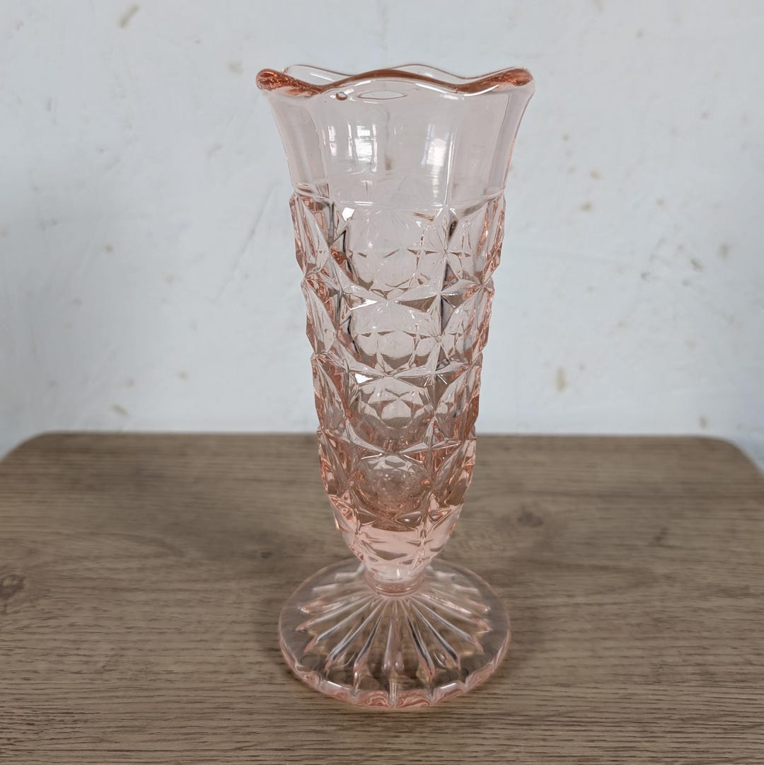 Art Deco 1930s Rose Salmon Pink Sowerby Glass Vase Geometric Pressed ...