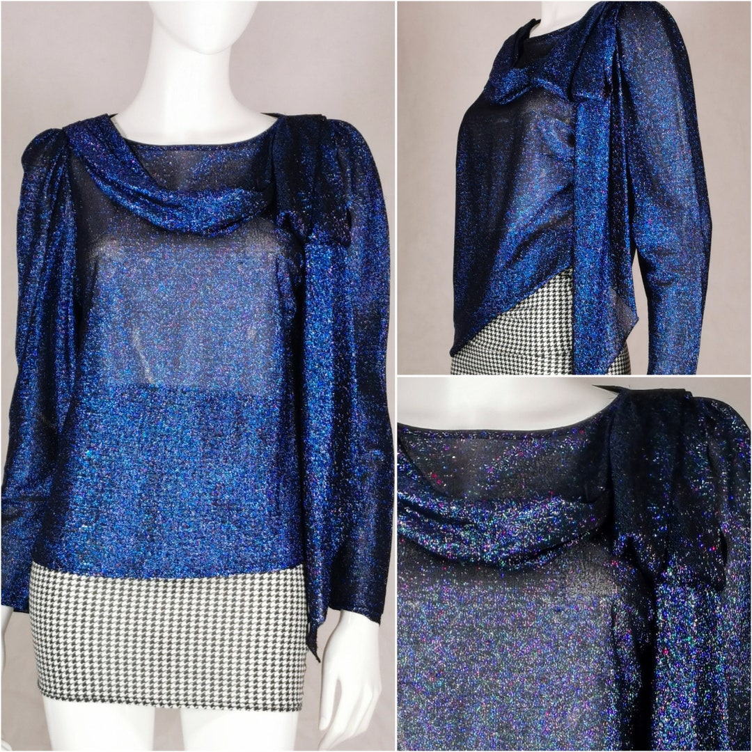 80s Vintage Blue Mettalic Shimmer Top Blue Iridescent Party Blouse ...