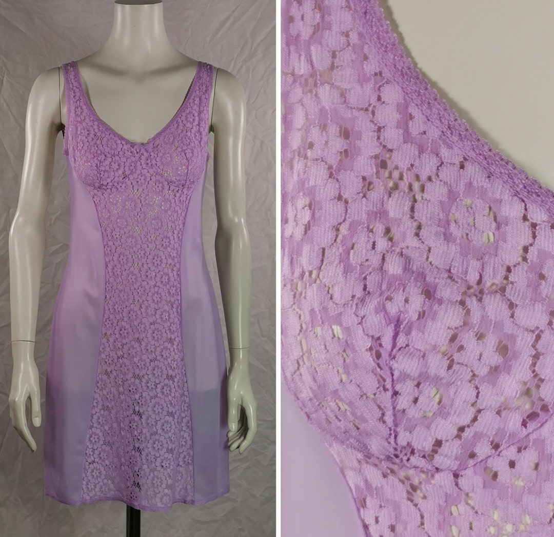 80s Vintage Pastel Lilac Nylon Under Slip - Floral Lace Under Dress ...