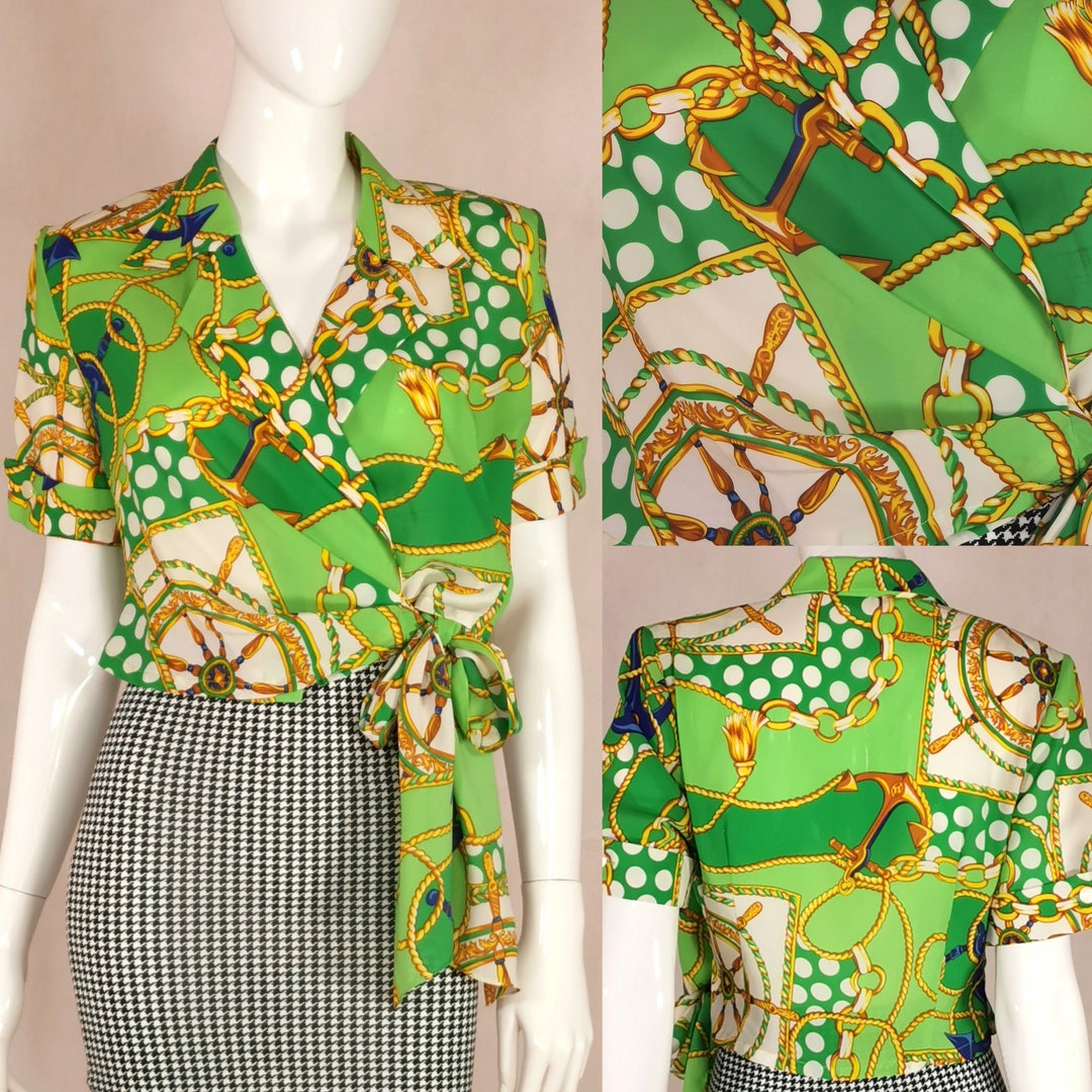 90s Vintage Green Baroque Print Blouse Bold Chain Link Wrap Top Vintage ...