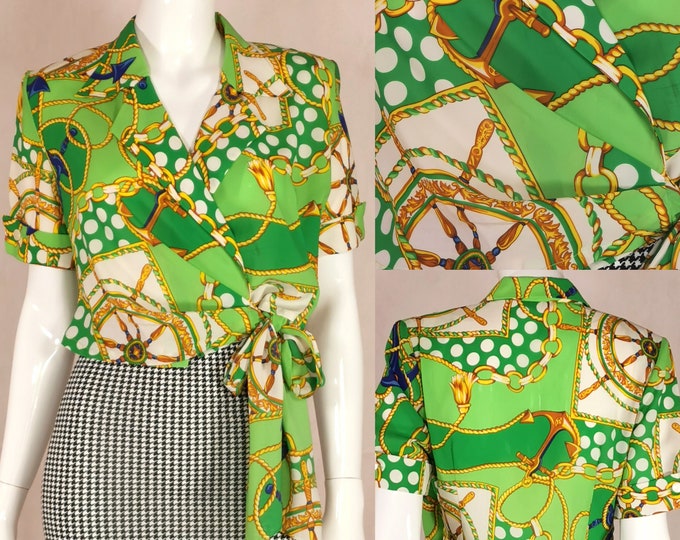 90s Vintage Green Baroque Print Blouse - Bold Chain Link Wrap Top ...
