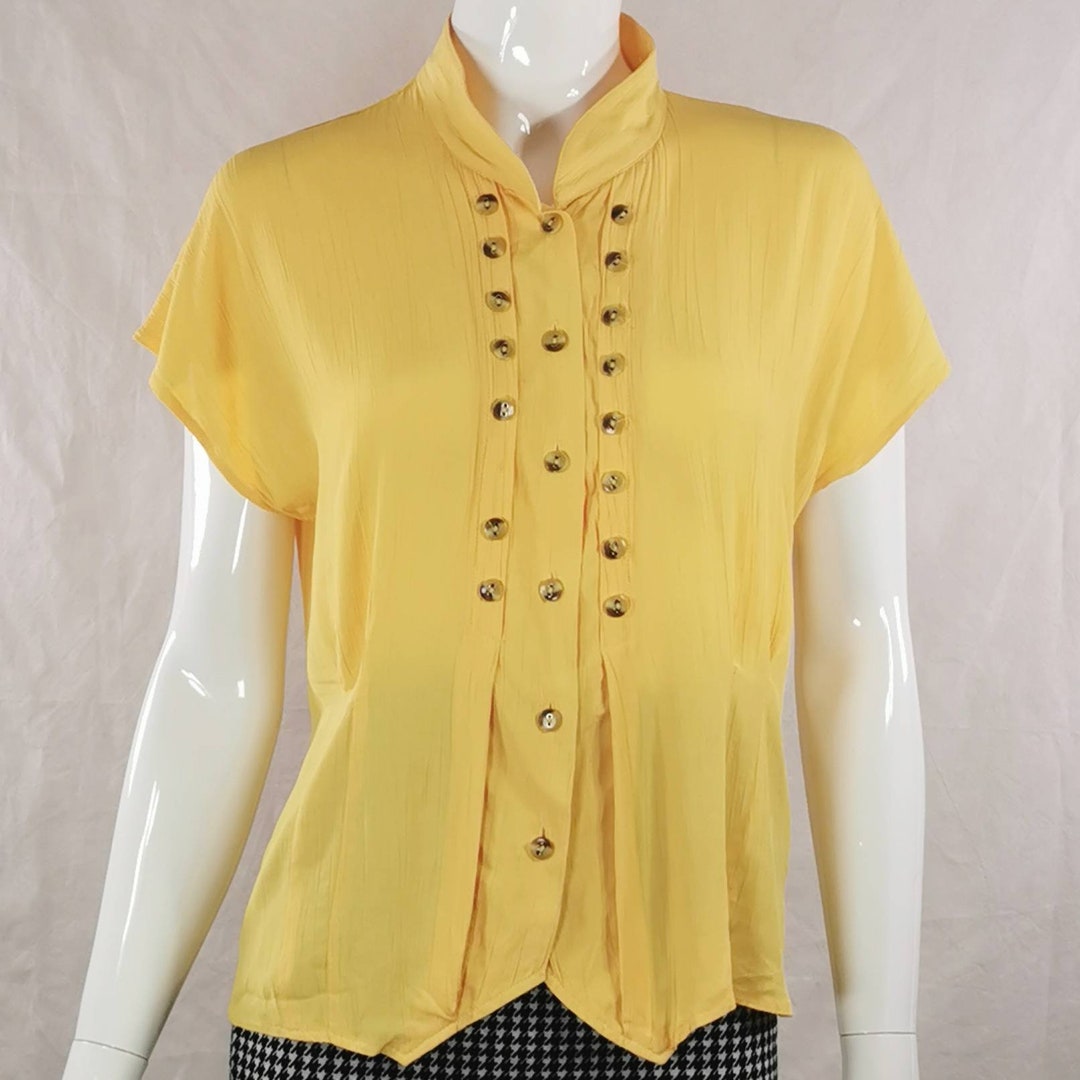 80s Vintage Bright Yellow Womans Blouse Canary Yellow Button Down Shirt ...