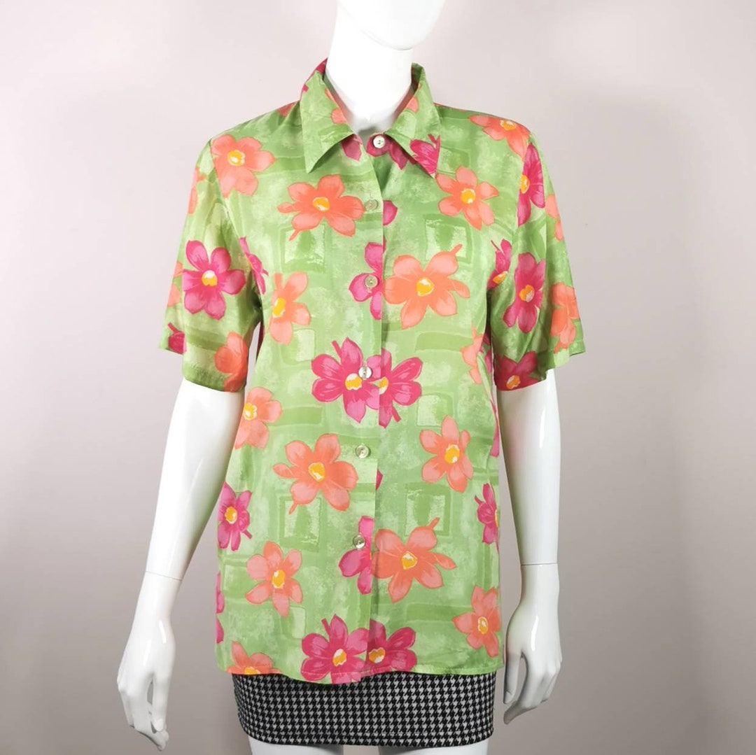 80s Vintage Bright Floral Blouse Pink Orange Flower Print Shirt Green ...