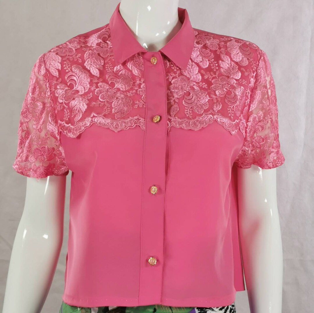80s Vintage Pink Lace Short Sleeve Blouse Crop Pink Button Down Blouse ...