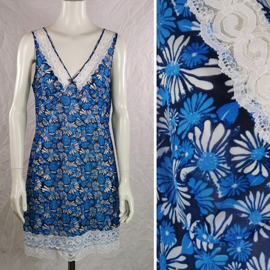 80s Vintage Blue White Daisy Print Slip - Floral Lace Under Dress Slip ...