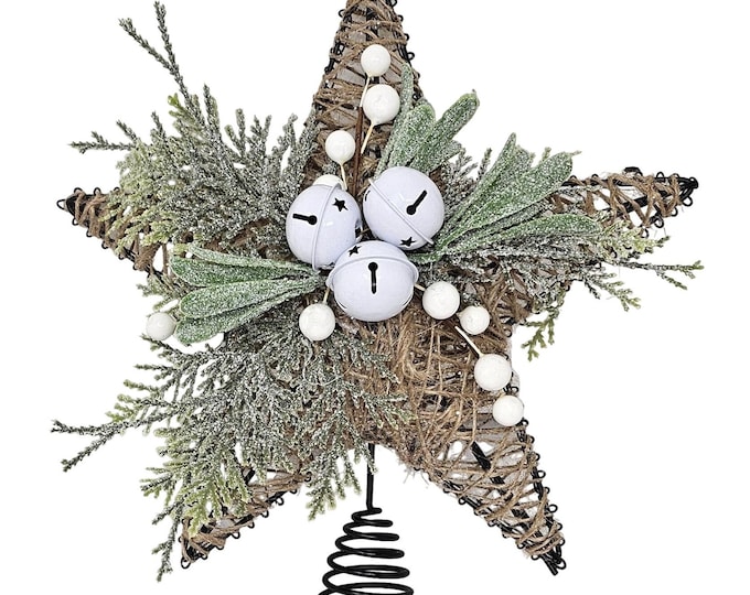 Rustic Metal and Jute Star White Berry and Bell Christmas Tree Topper ...