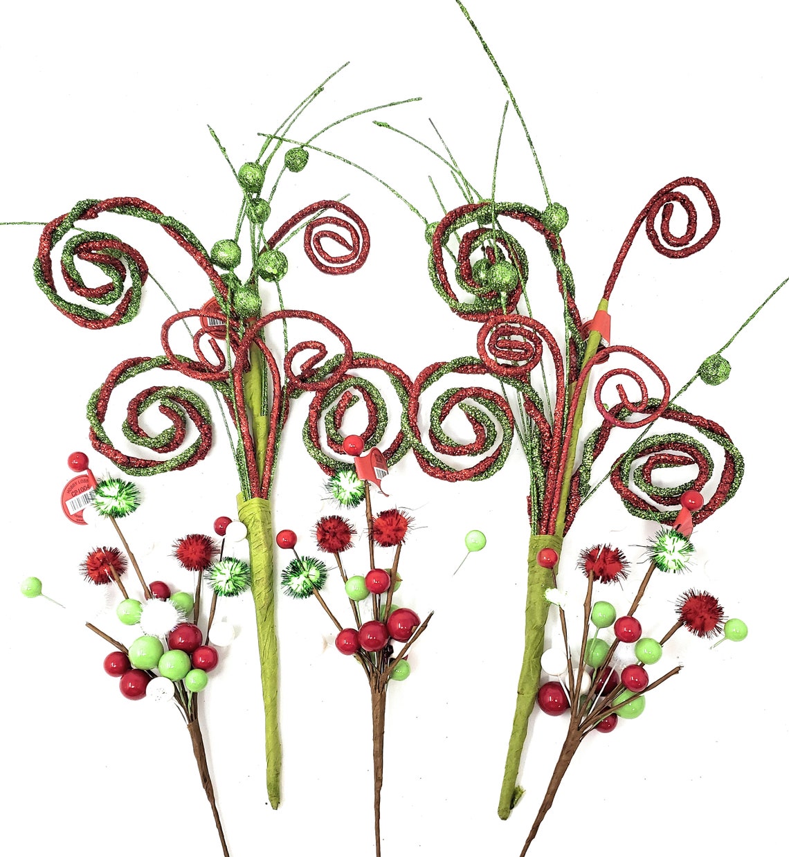 Twisted Twirl and Pom Pom Berry Red and Green Glitter Picks Wreath ...