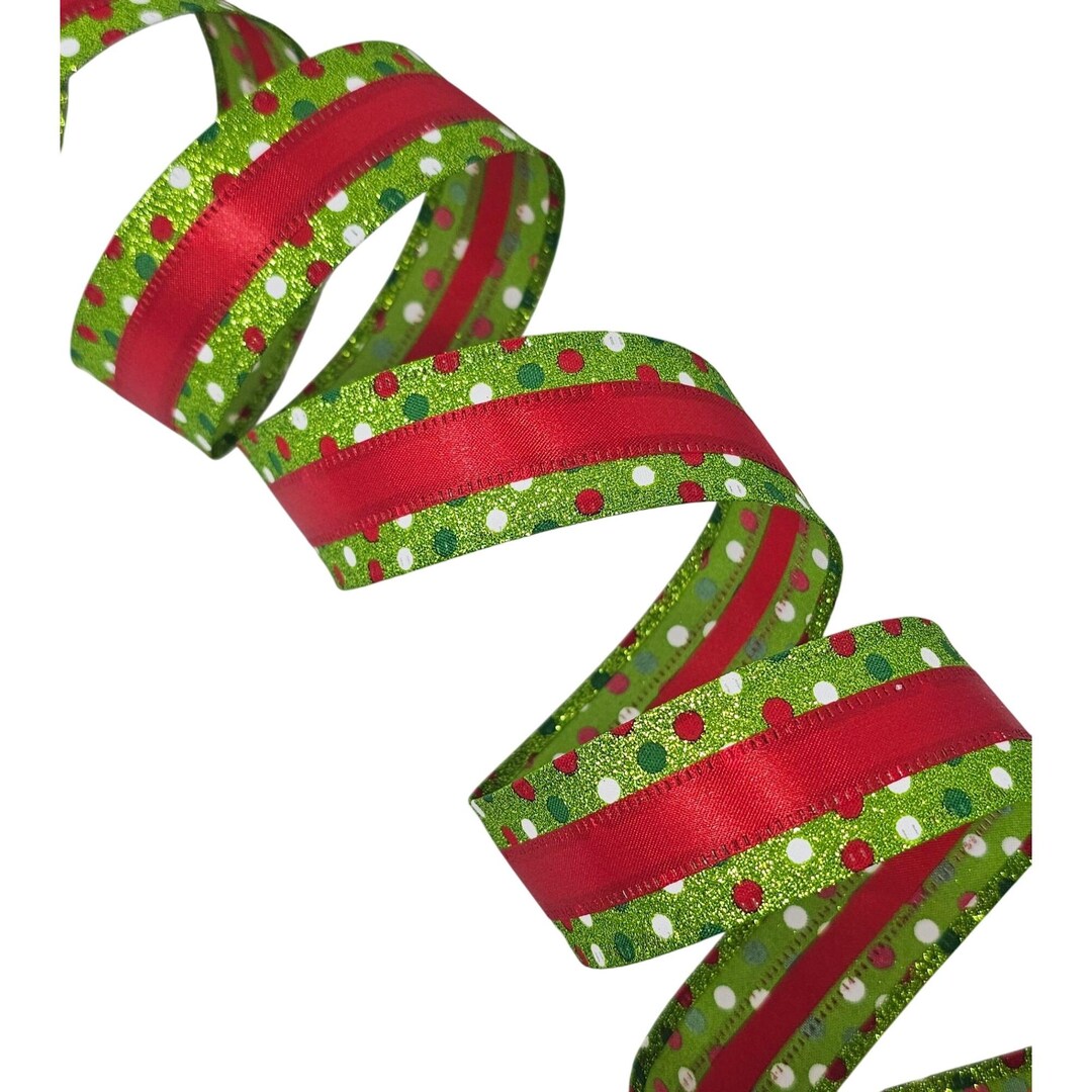 1.5" Bright Green Polka Dot Red Stripe Christmas Wire Edged Ribbon Roll ...