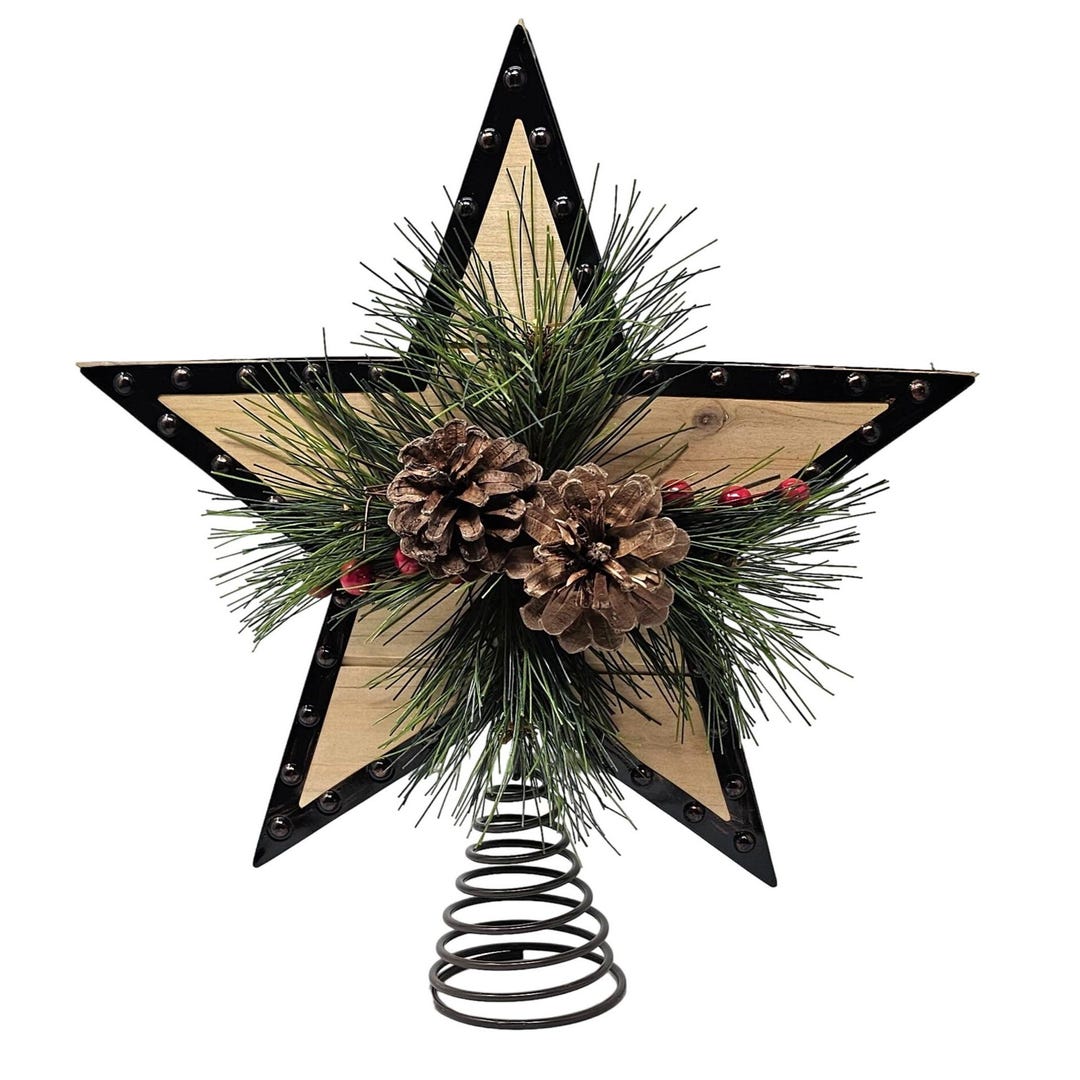 Rustic Metal and Wood Jute Star Pinecone and Evergreen Christmas Tree ...