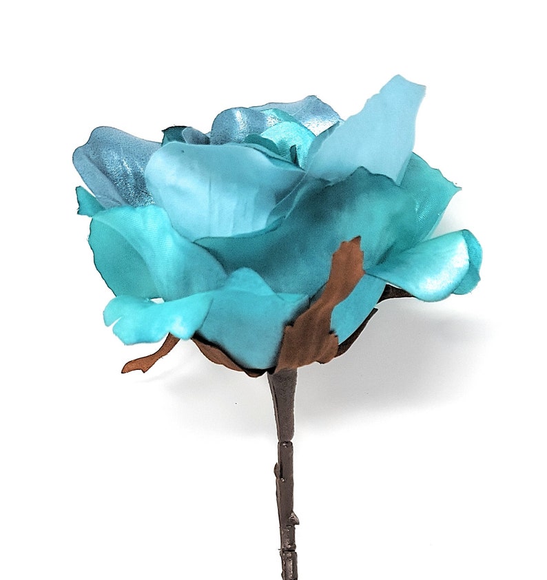 5" Blooming Metallic Turquoise Blue Rose, Artificial Flower Stem ...