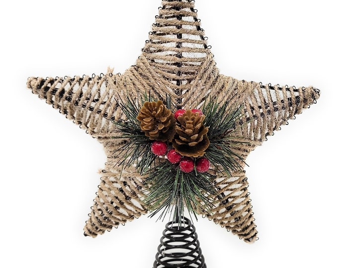 Christmas Rustic Jute Star Tree Topper With Pinecones, Holly Berries ...