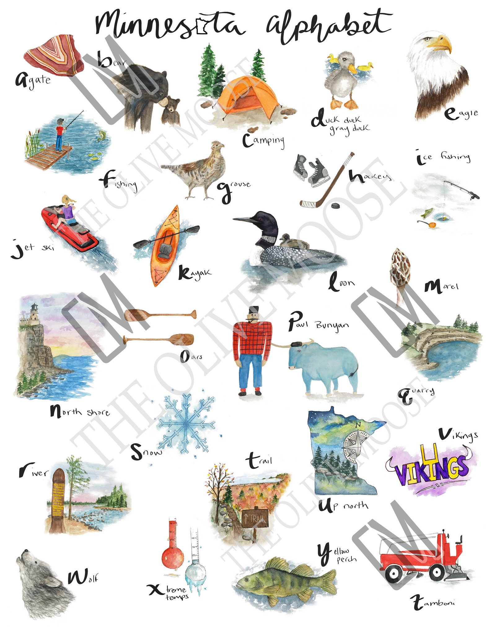 Minnesota Alphabet Watercolor Poster Print, 11x14 or 16x20 - Etsy