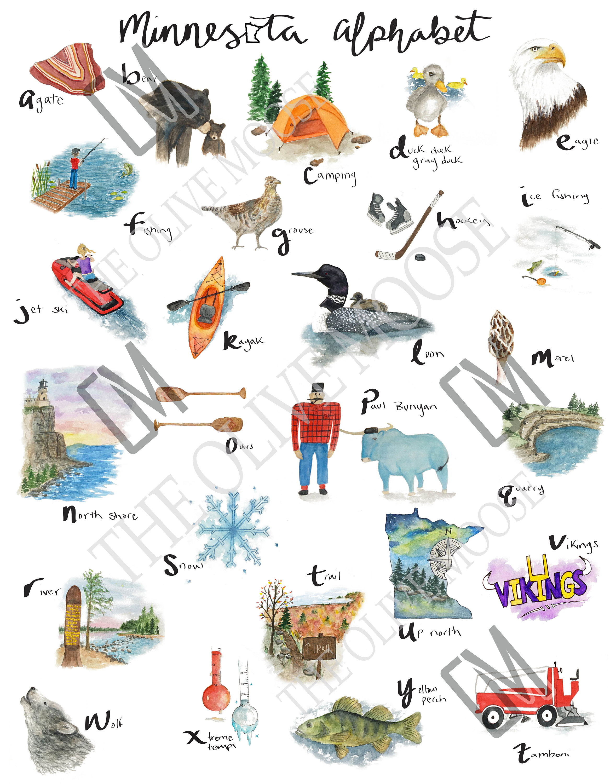 Minnesota Alphabet Watercolor Poster Print, 11x14 or 16x20 - Etsy