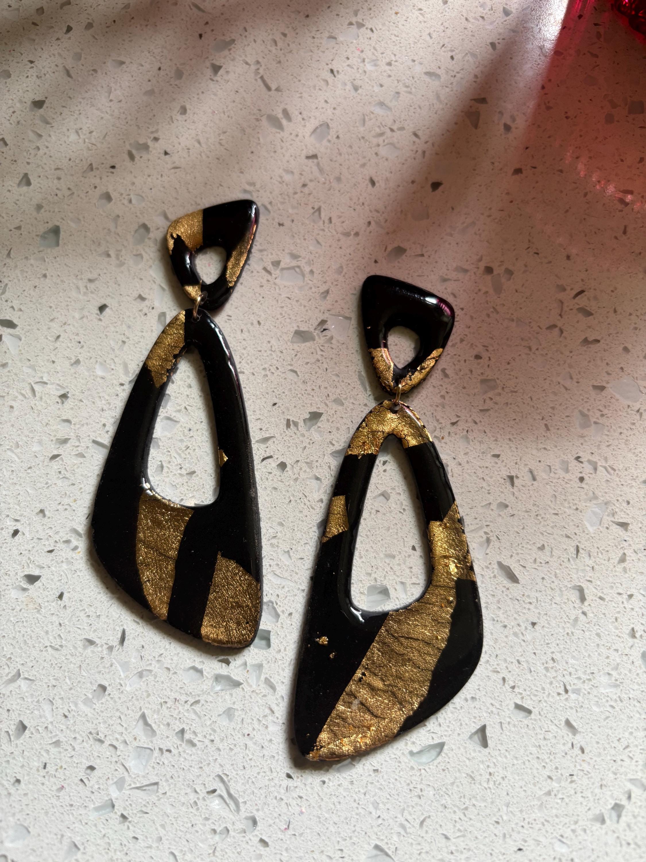 Black & Gold Abstract Statement Earrings Handmade Polymer Clay Dangles ...