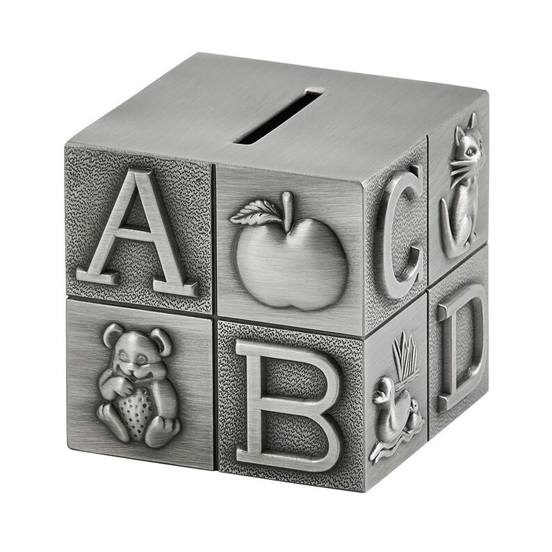 Personalized Brushed Pewter Finish ABC Block Money Bank Engraved Gift ...