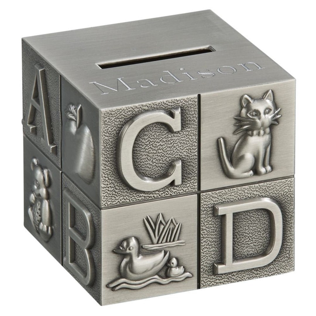 Personalized Brushed Pewter Finish ABC Block Money Bank Engraved Gift ...