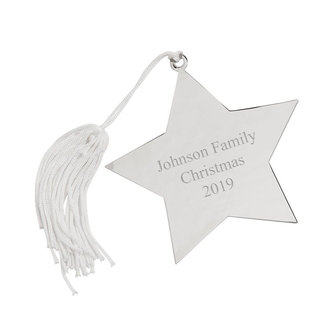Personalized Silver Star Christmas Tree Ornament With White Tassel ...
