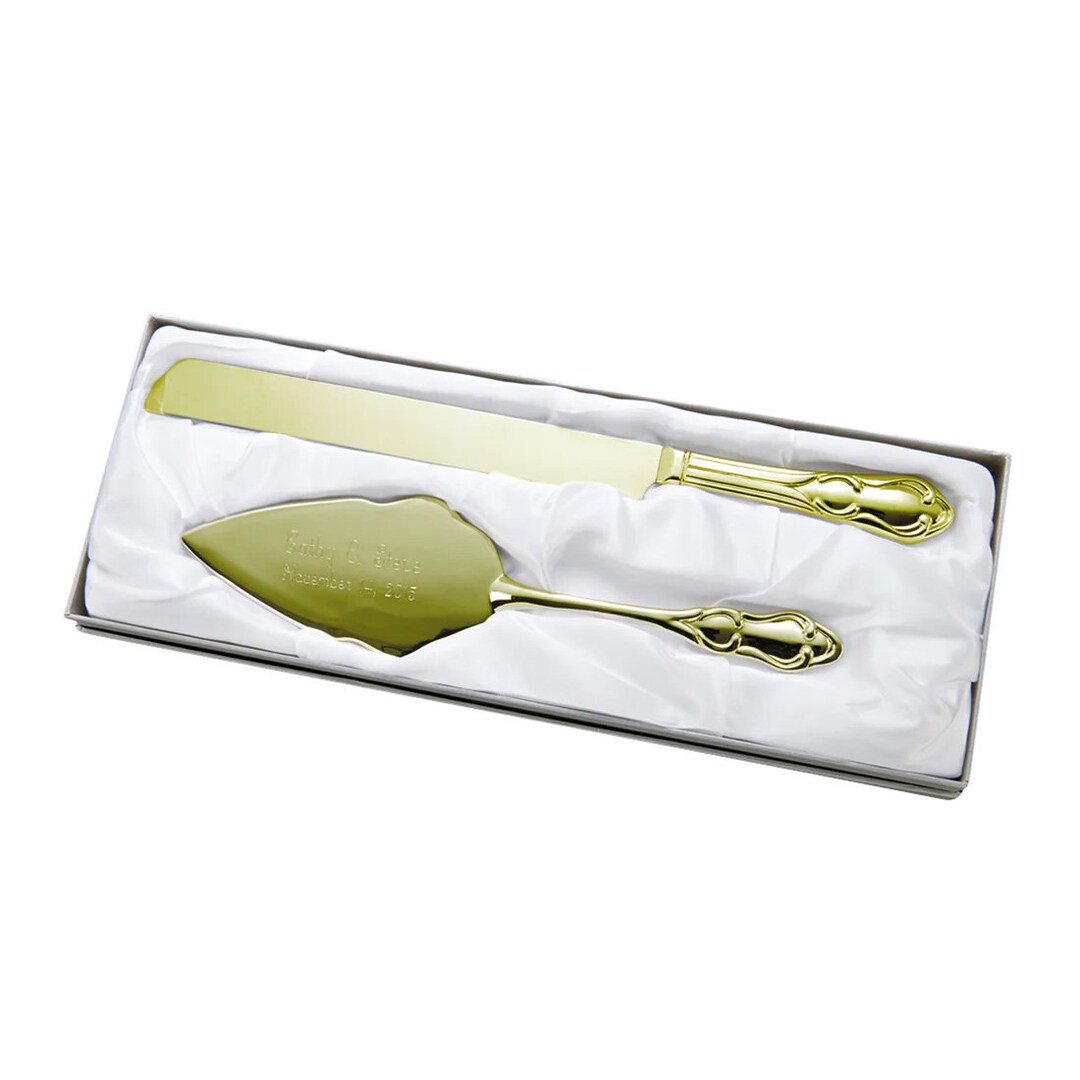 Personalized Gold Tone Fiddle Shape Cake Server and Knife Set Engraved ...