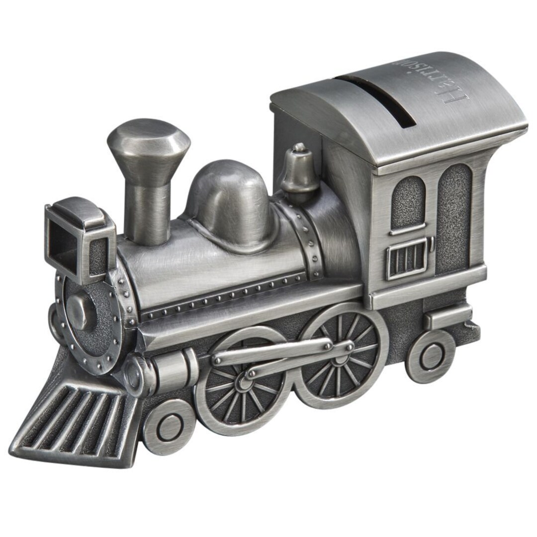 Personalized Brushed Pewter Finish Train Money Bank Engraved Gift for ...