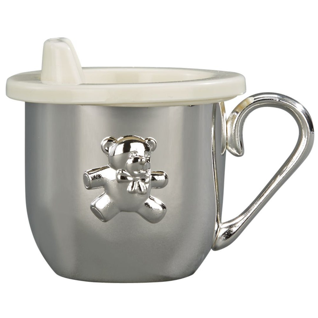 Personalized Silver Teddy Bear Baby Cup With Sippy Lid Engraved Gift ...
