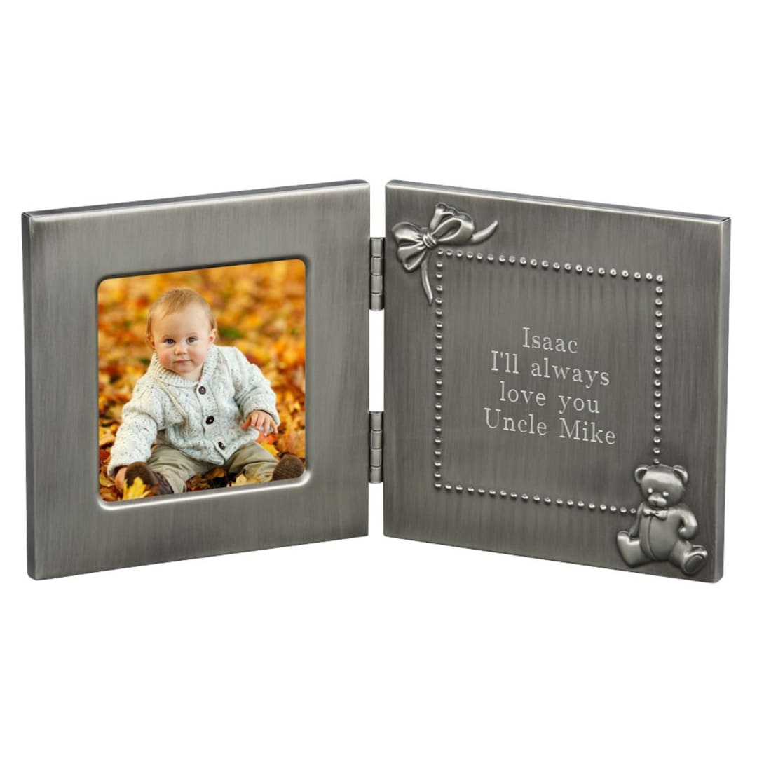 Personalized Pewter Finish Hinged Baby Picture Frame With Teddy Bear ...