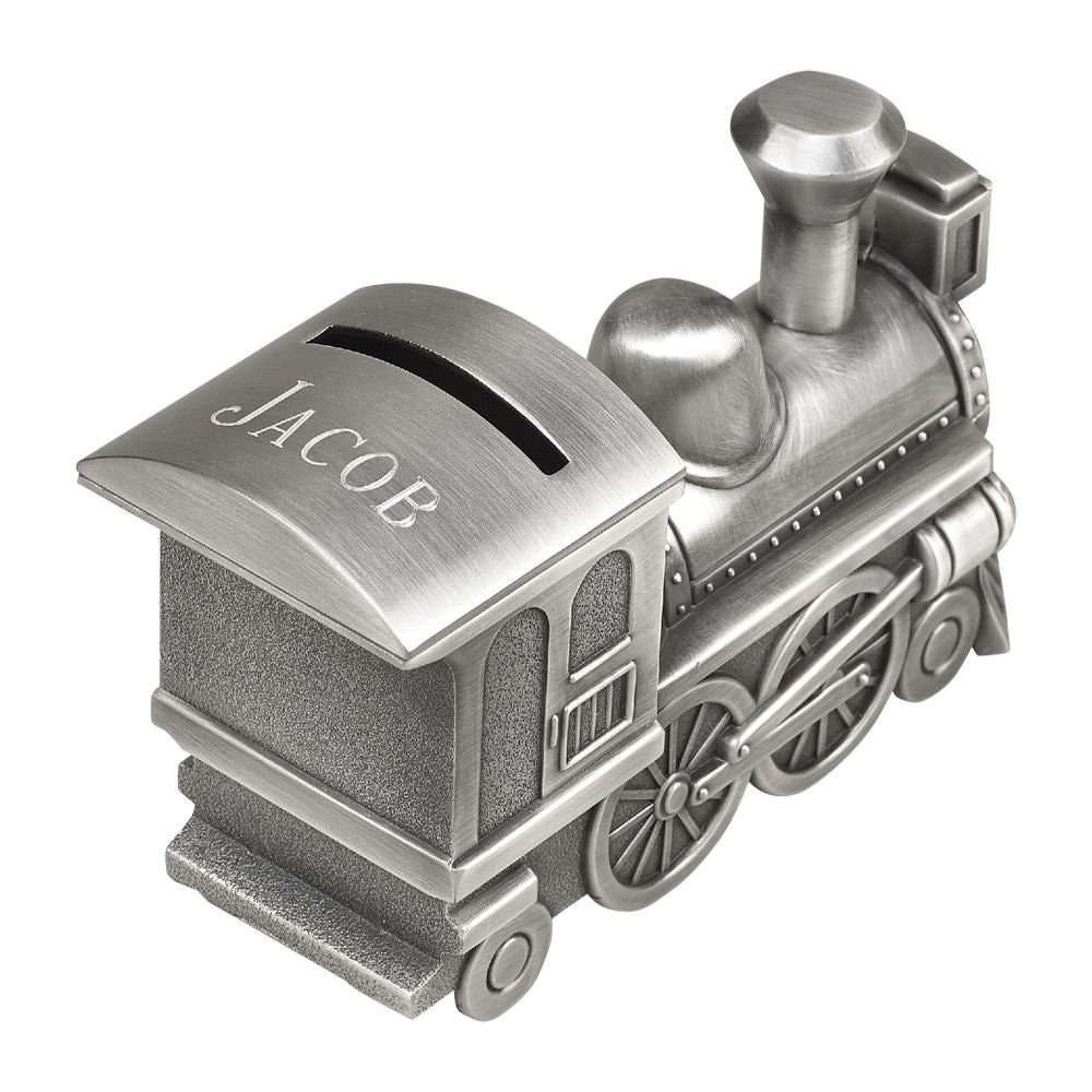 Personalized Brushed Pewter Finish Train Money Bank Engraved Gift for ...