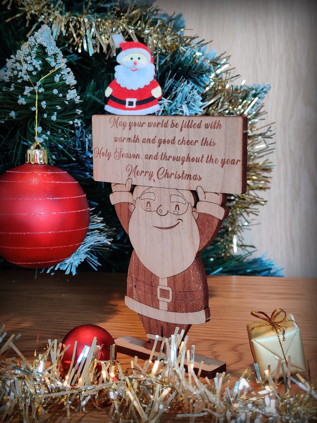 Wooden Christmas Card Santa With a Board Standing Father Christmas ...