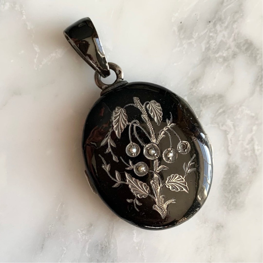 Antique Black Enamel and Silver Seed Pearl Locket - Etsy